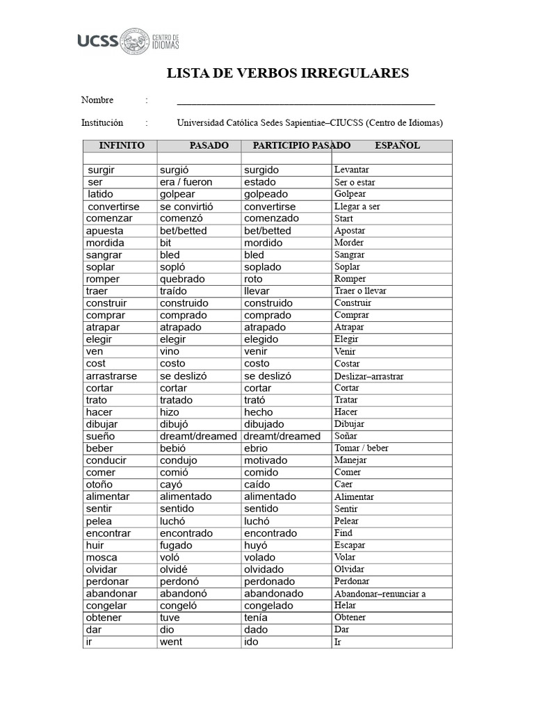 Lista de Verbos Irregulares en Español | PDF