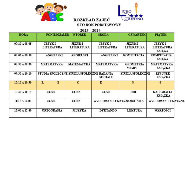 HARMONOGRAM ZAJĘĆ 5. KLASY 2023-2024 | PDF