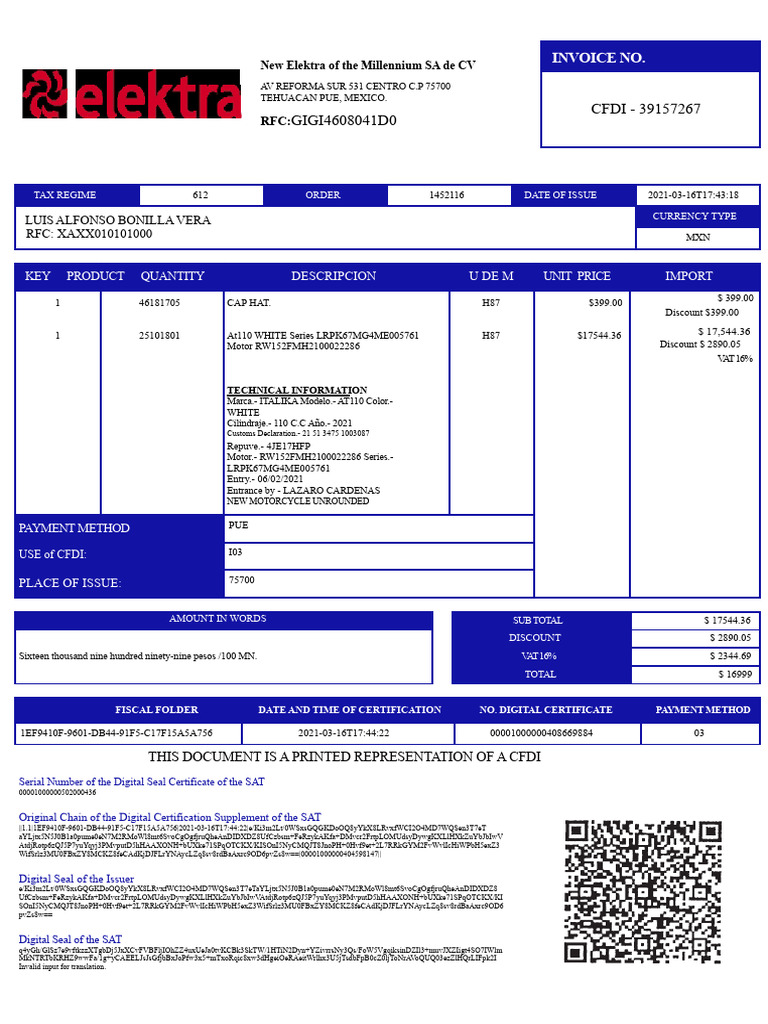 Invoice for Motorcycle Purchase 2021 | PDF | Invoice | Mexican Peso