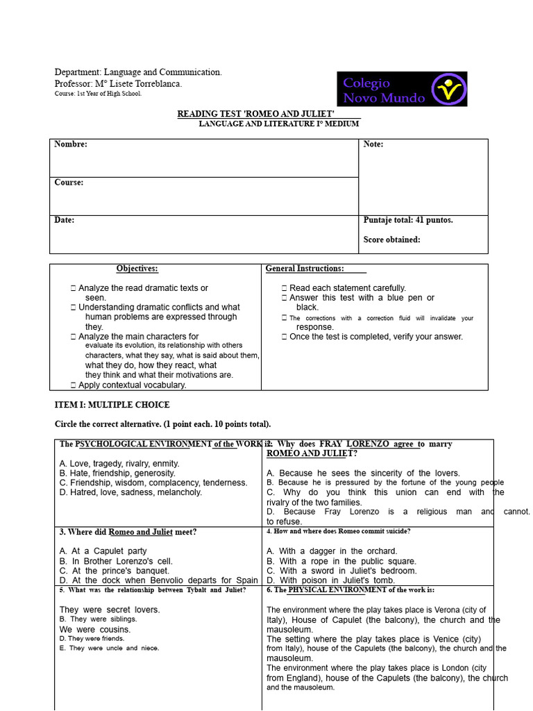 Reading Test August Romeo and Juliet 1st Year | PDF | Characters In ...