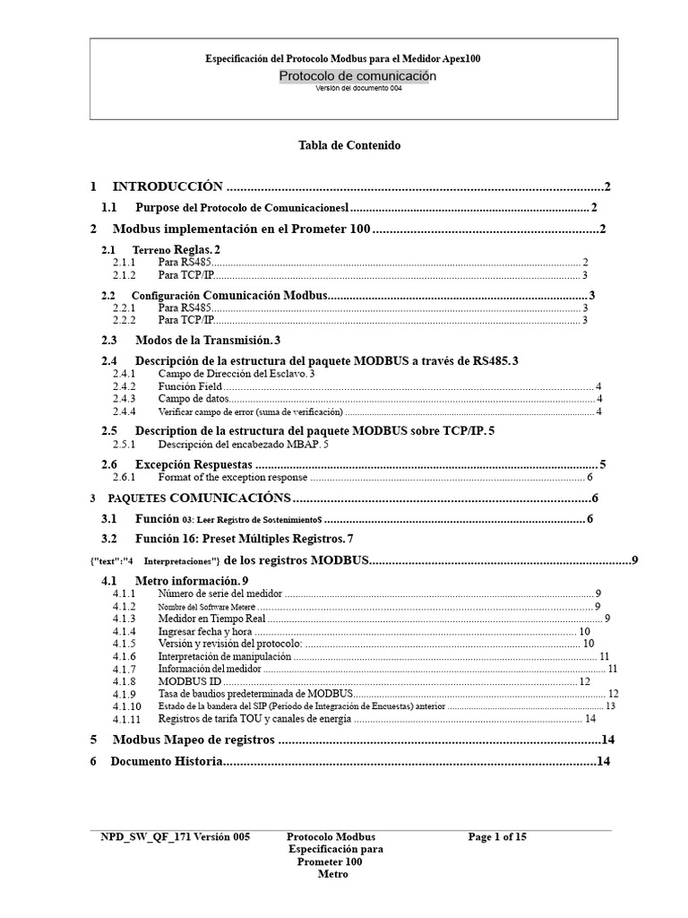 Especificación Del Protocolo Modbus para Prometer 100 | PDF | Protocolo ...