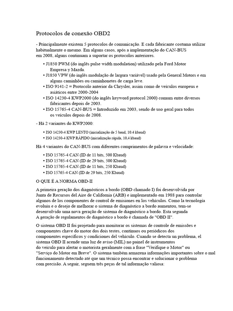Protocolos de conexão OBD2 | PDF | Motores | Byte