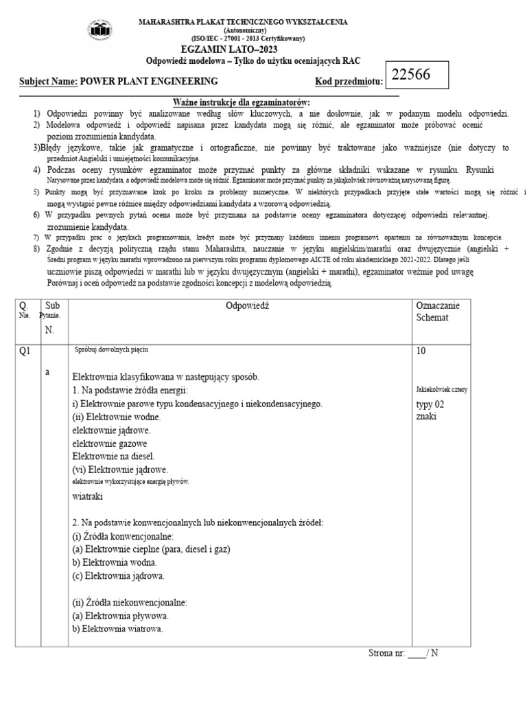 Egzamin Lato 2023 Subject Name: Power Plant Engineering Kod Przedmiotu ...