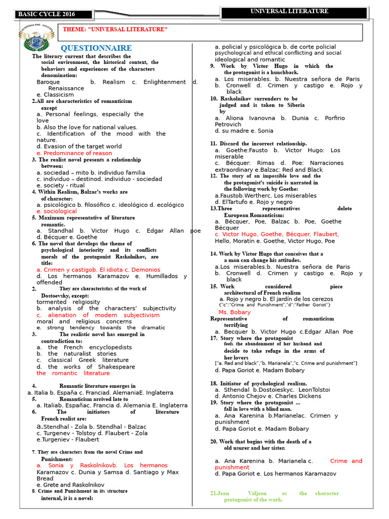Key Questionnaire | PDF | Romanticism | Crime And Punishment