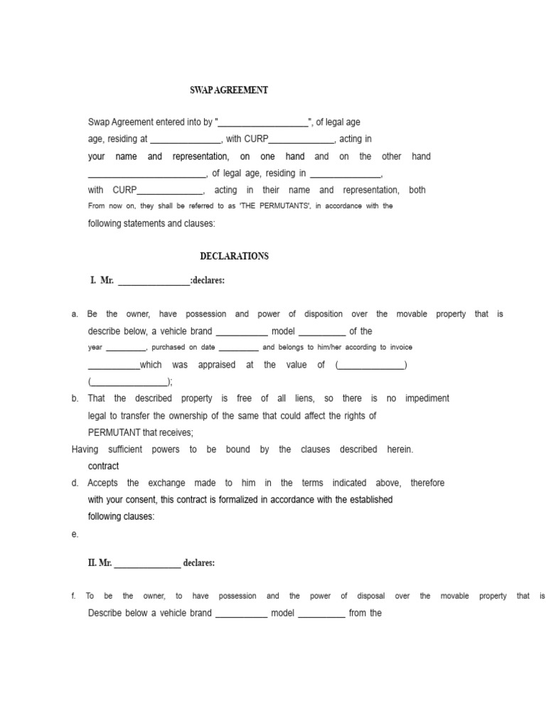 Vehicle Swap Agreement Template | PDF | Property | Common Law