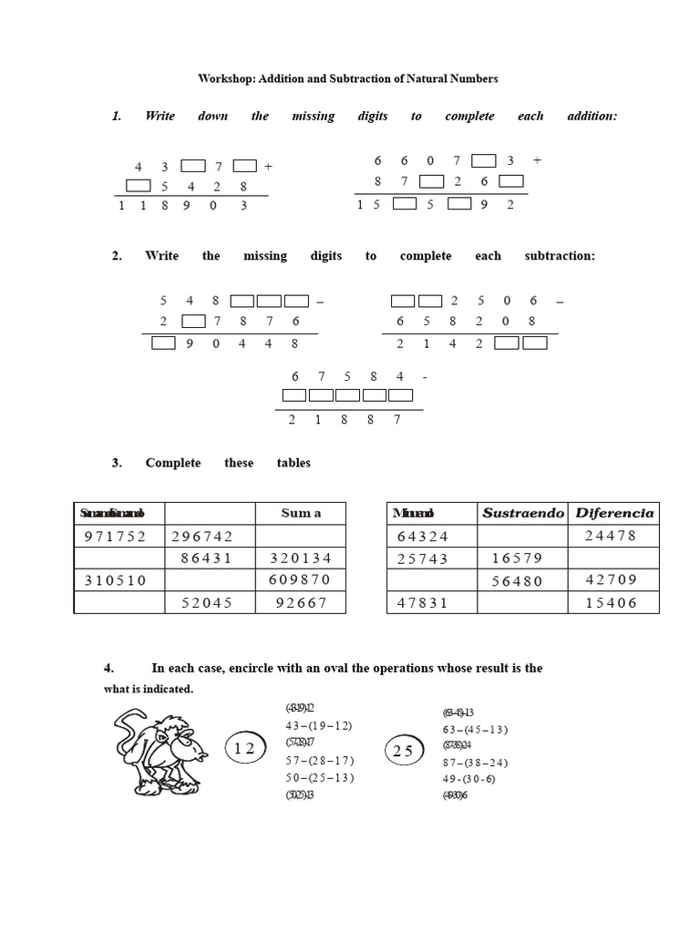 Exercises on Addition and Subtraction of Natural Numbers | PDF ...