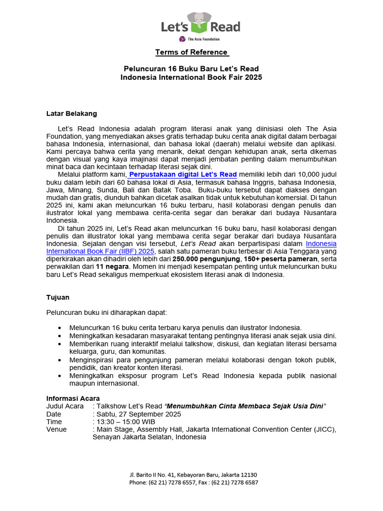 ToR Let's Read IIBF 2025 - Launching Books_20250916 | PDF