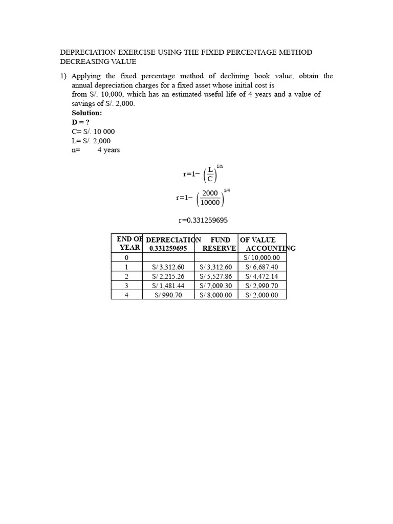 Depreciation Exercise Using The Fixed Percentage of Declining Value ...