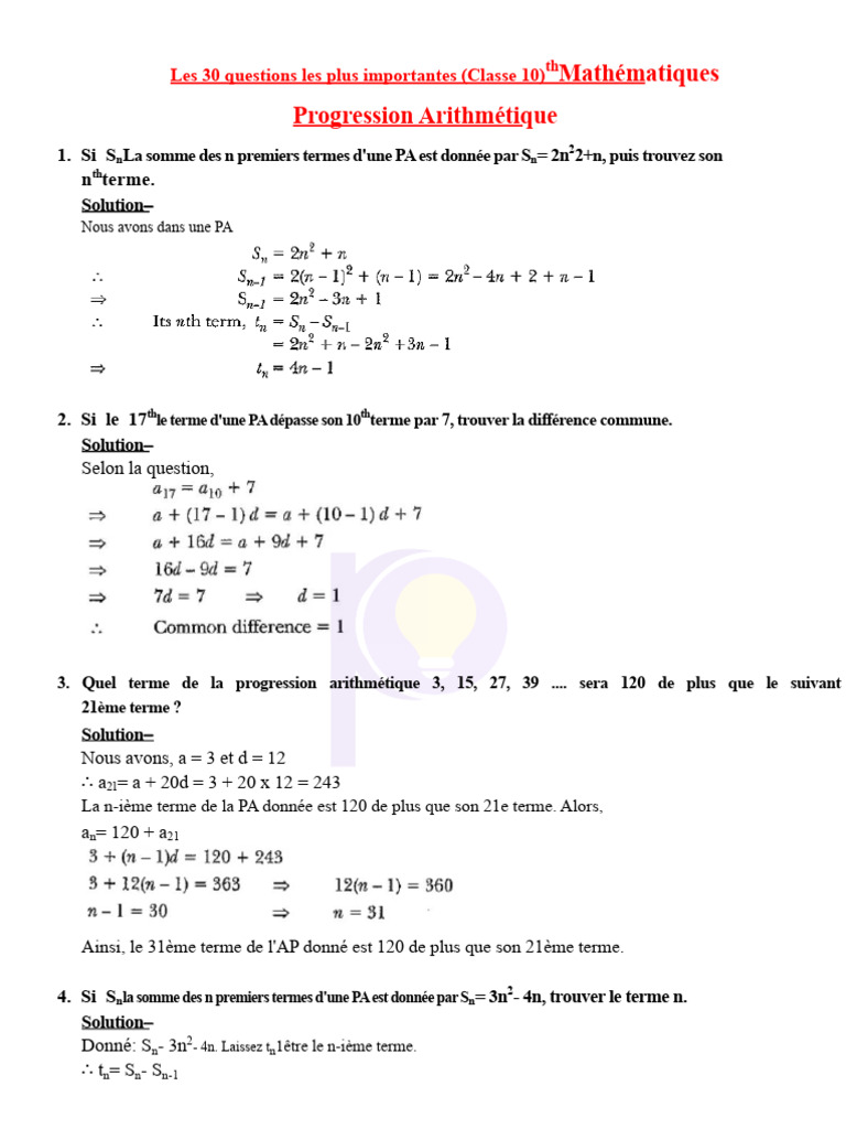 30 Questions Clés sur les P.A. en Mathématiques | PDF | Théorie des ...