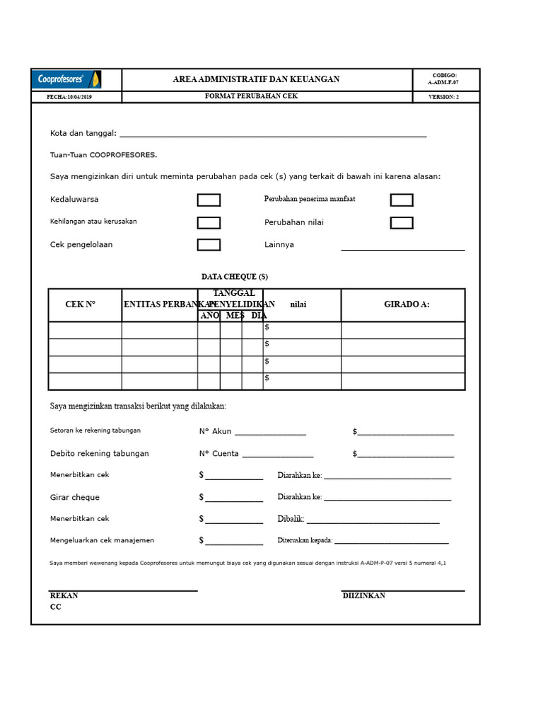 A-ADM-F-07 (Format Perubahan Cek) | PDF