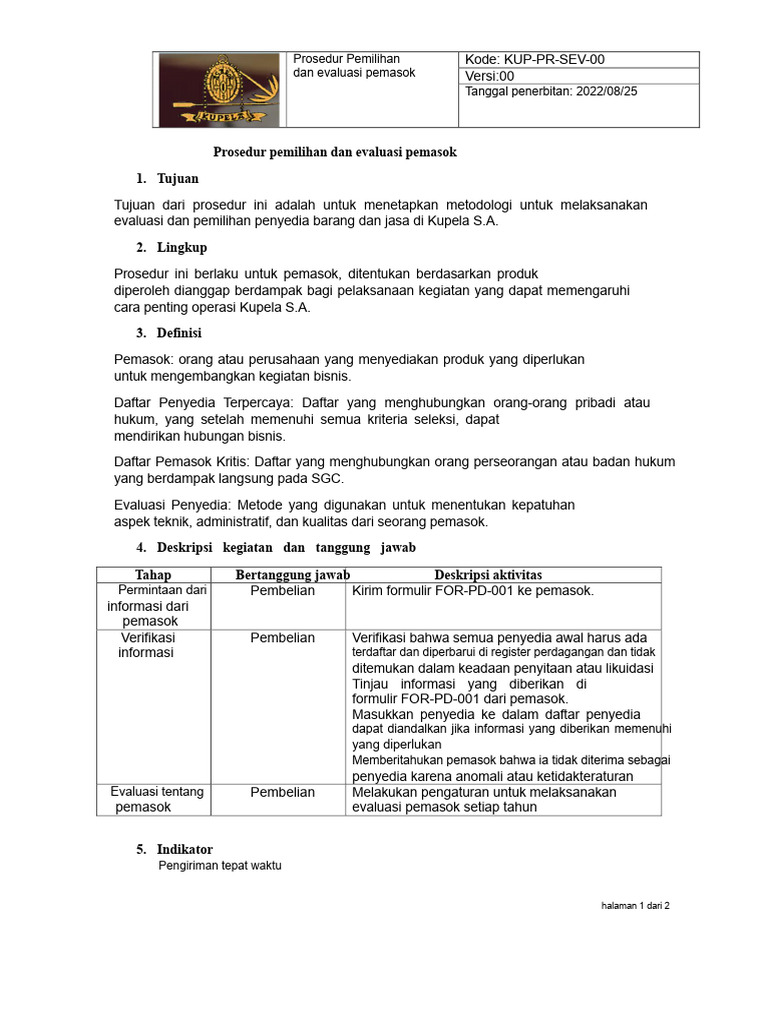 Prosedur Evaluasi Pemasok Kupela S.A. | PDF