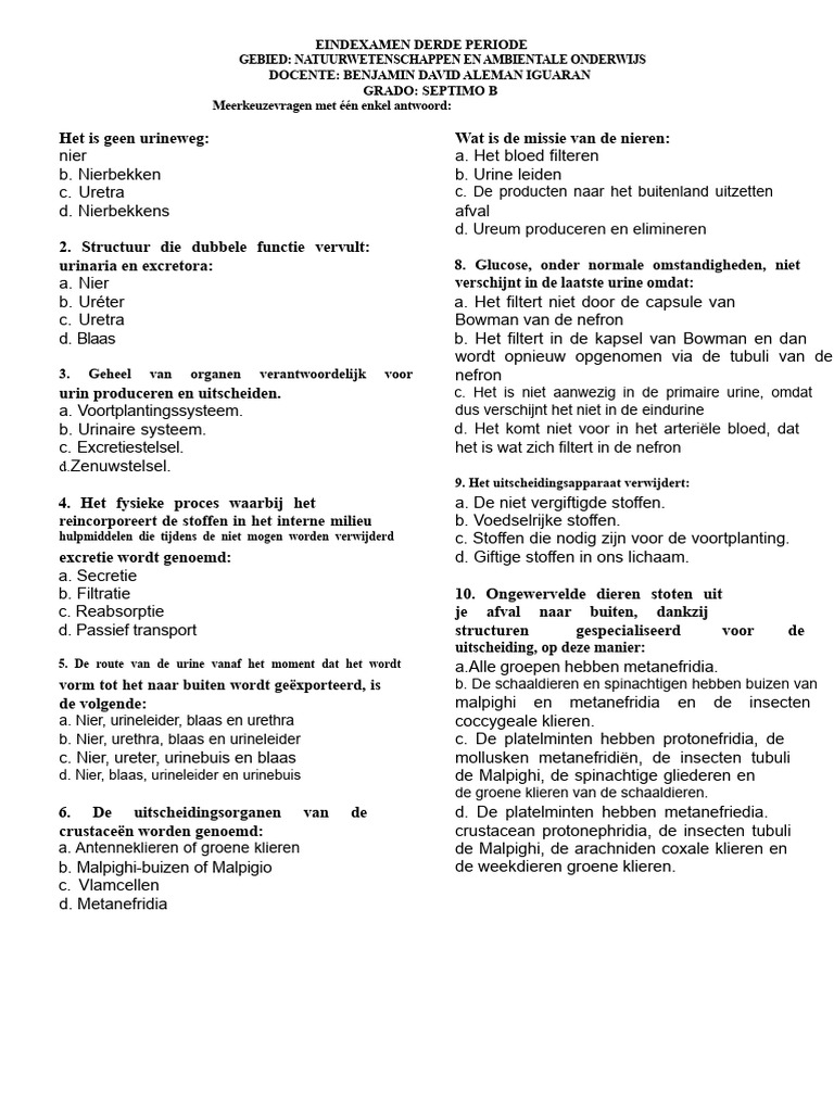 Examen Uitscheiding Zevende Graad B | PDF