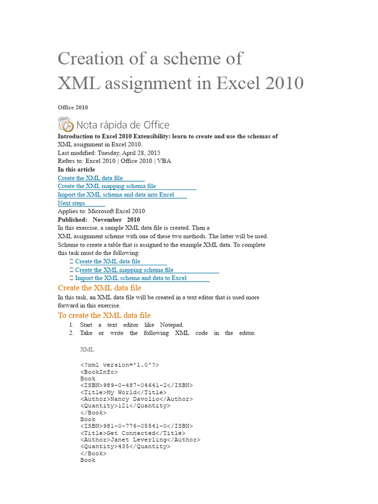 Creation of An XML Mapping Schema in Excel 2010 | PDF | Microsoft Excel | Visual Basic For ...