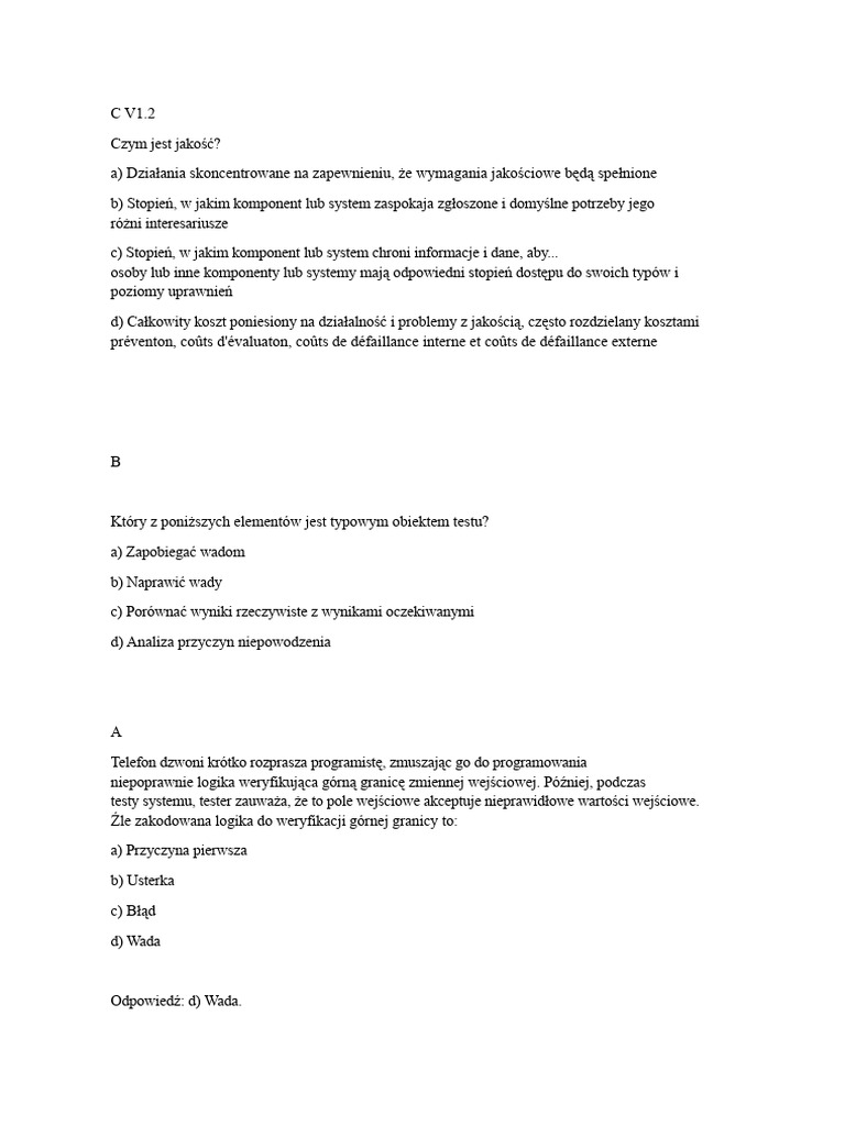 Test Jakość QCM | PDF