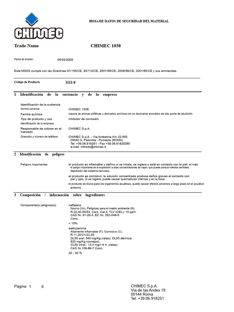 MSDS - CHIMEC 1038 - Inhibidor de corrosión de gas | PDF | Sustancias ...