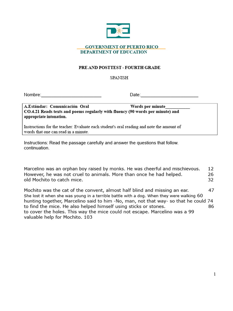 Fourth Grade Spanish Pre/Post Test | PDF | Punctuation | Reading ...