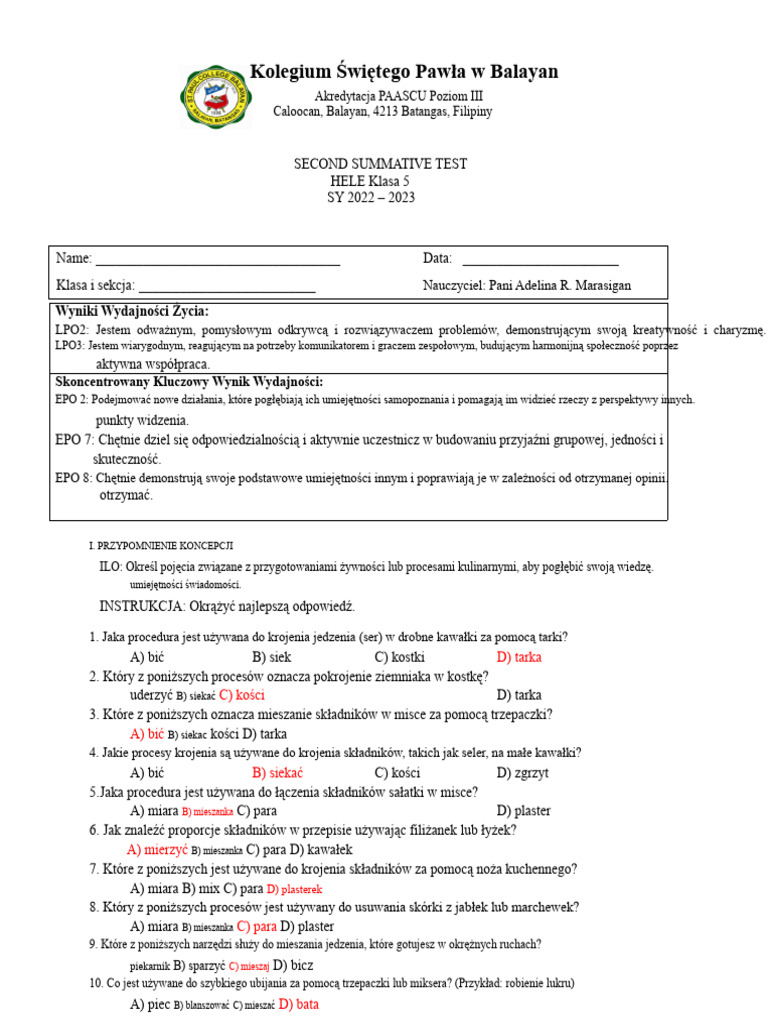 Q2-HELE-5-Test Sumatywny | PDF