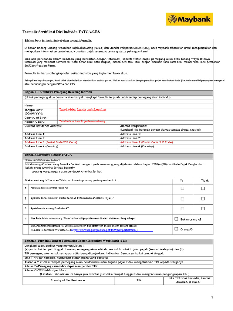 Formulir Sertifikasi Diri FATCA/CRS | PDF