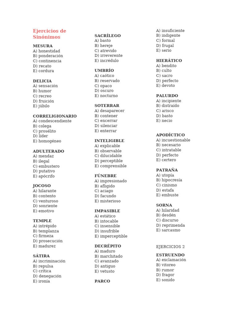 Ejercicios de Sinónimos en Español | PDF