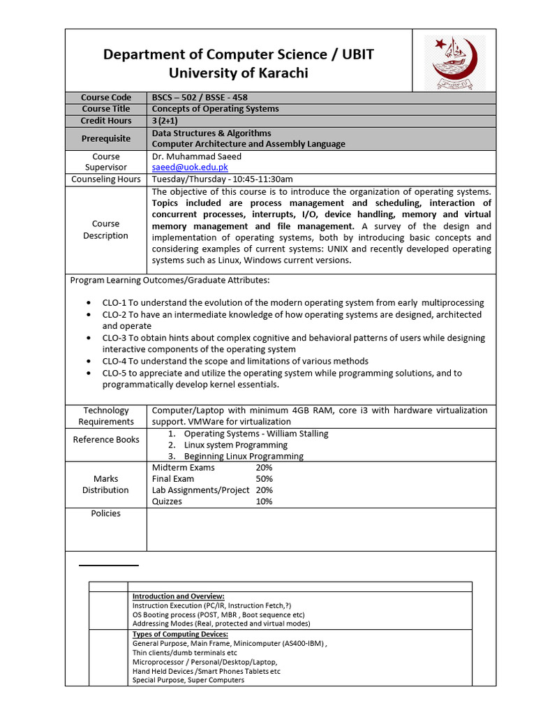 UBIT - Operating System - Syllabus | PDF | Operating System | Central ...