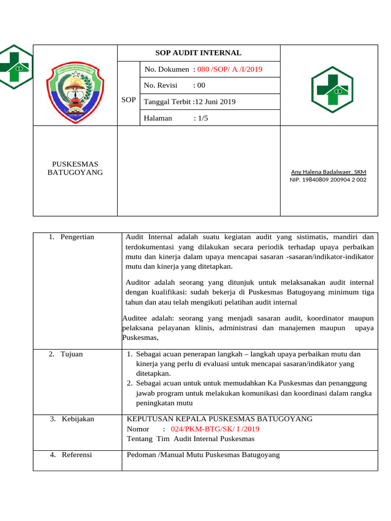 SOP Audit Internal Puskesmas Batugoyang | PDF