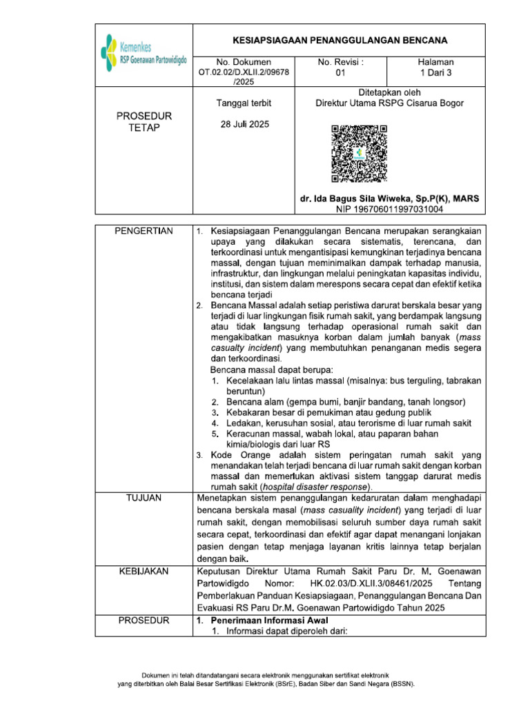2025 Sop Kode Orange - Kesiapsiagaan Penanggulangan Bencana | PDF