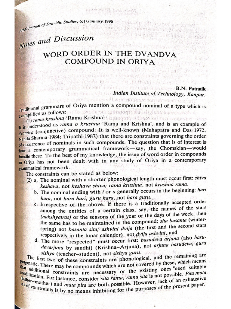 Word Order in The Dvanda Compound in Oriya. PILC Journal of Dravidic ...