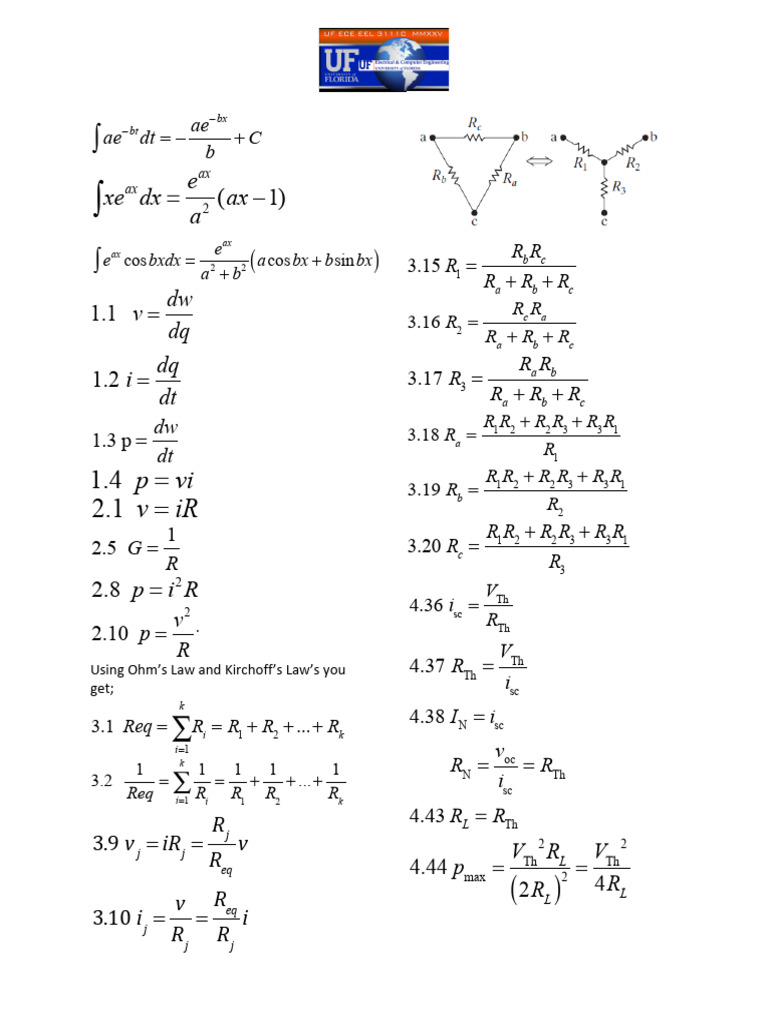 Electrical Circuit Analysis Formulas | PDF