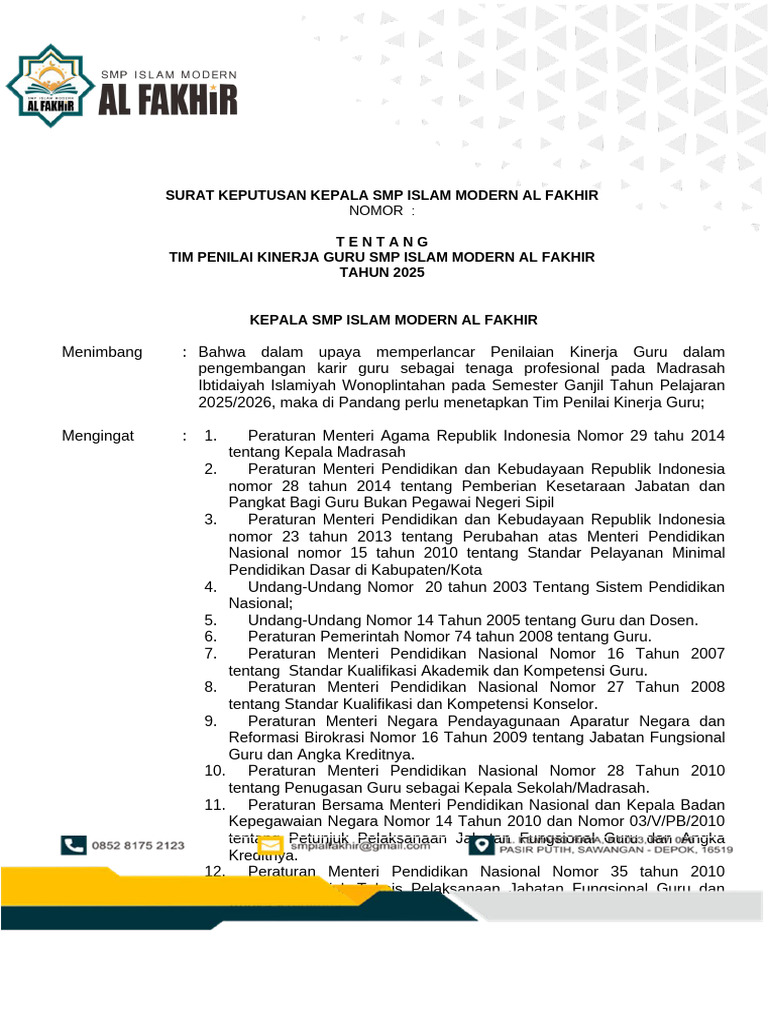 Tim Penilai Kinerja Guru SMP Al Fakhir | PDF