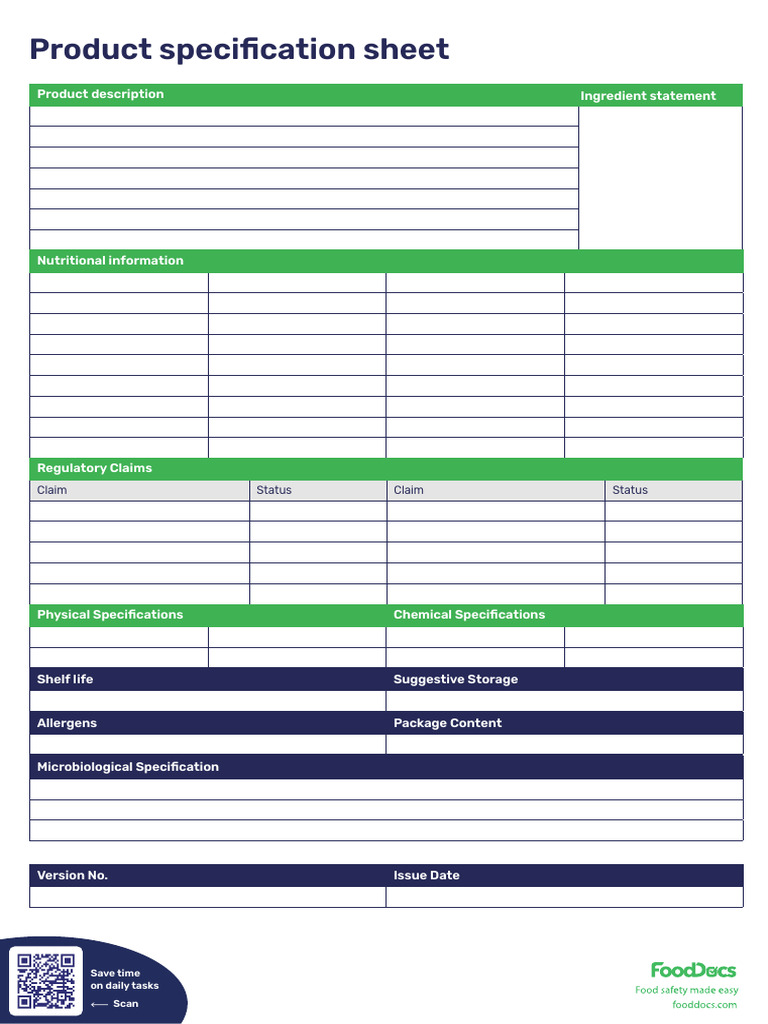 FoodDocs - Product Specification Sheet | PDF