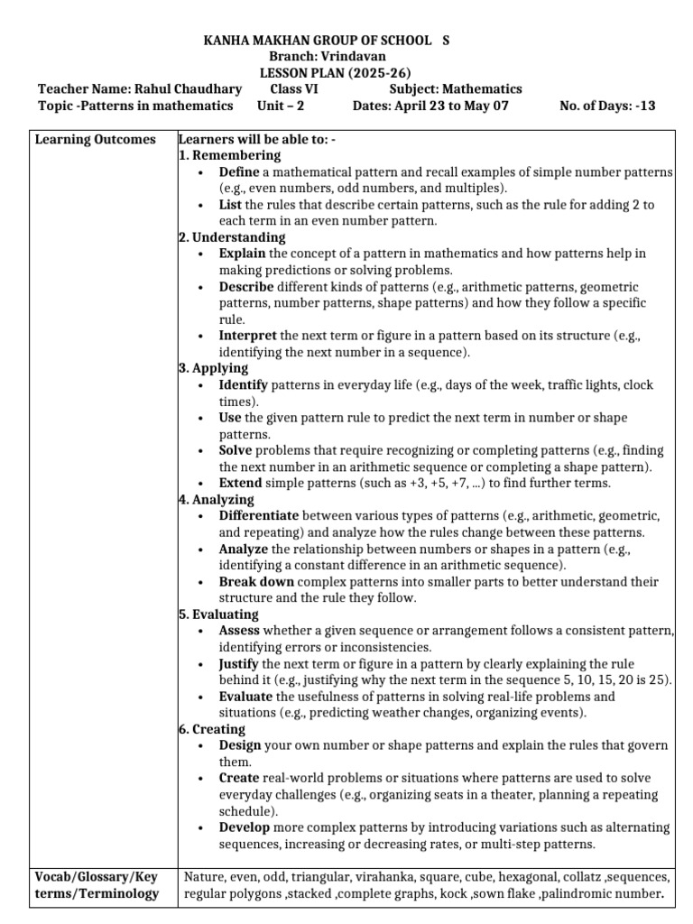 Class 6th Patterns in Mathematics Unit 1 | PDF | Pattern | Arithmetic