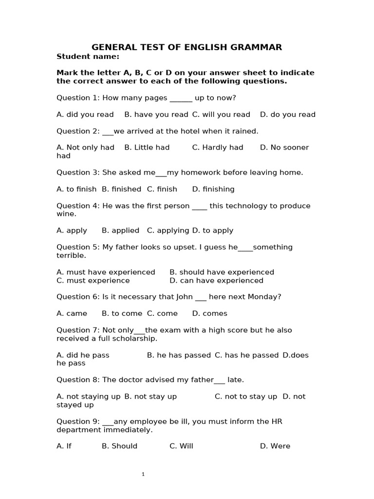 English Grammar Test Questions | PDF | Coffee