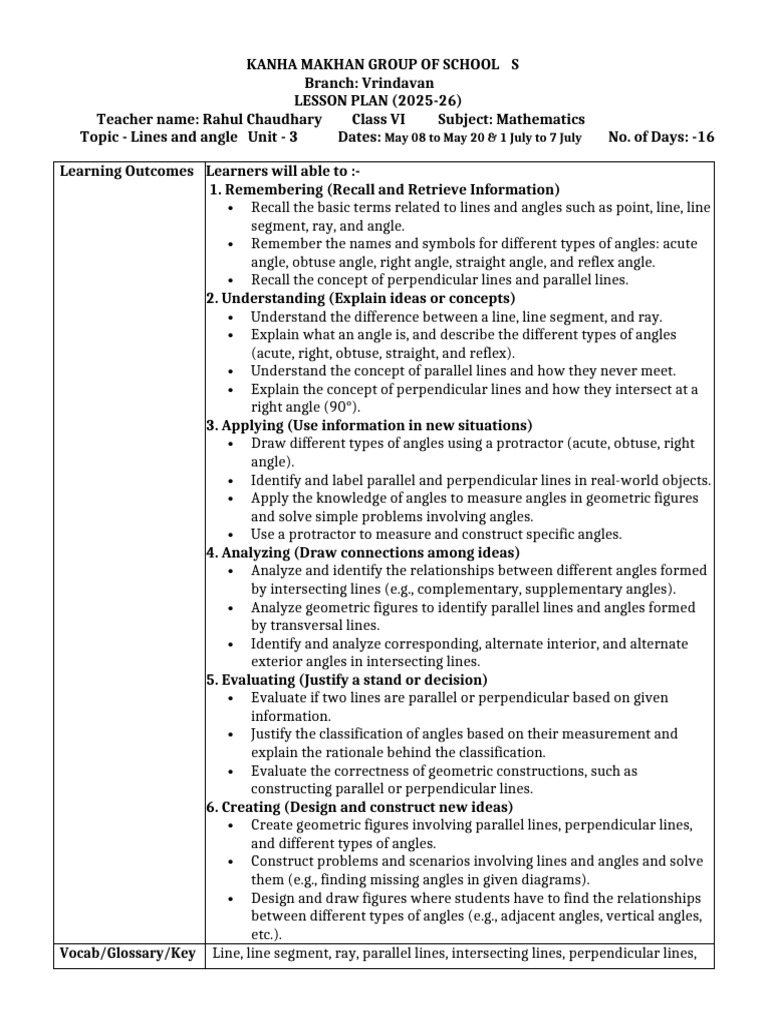 Class 6th Lines and Angles Unit 2 | PDF | Perpendicular | Euclidean ...
