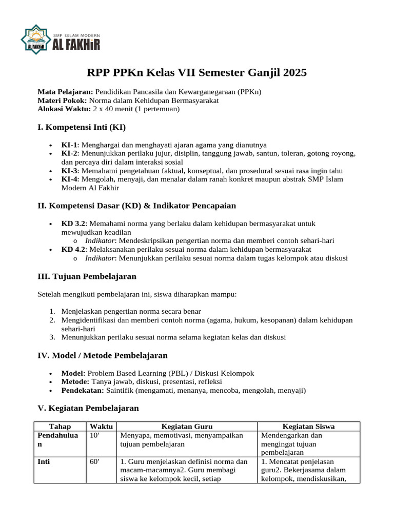 RPP PPKn Kelas VII Semester Ganjil 2025 | PDF