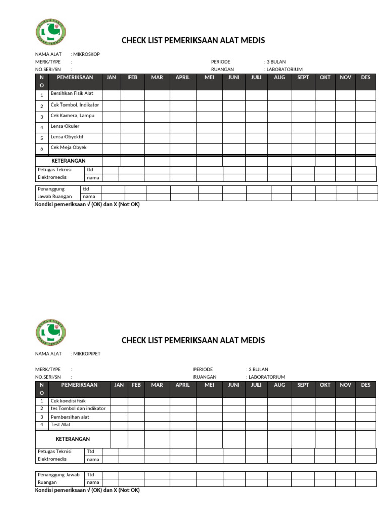 Checklist Pemeliharaan Alat Medis | PDF