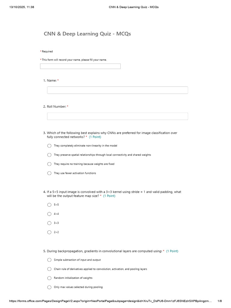 CNN Deep Learning Quiz MCQs | PDF | Deep Learning | Algorithms