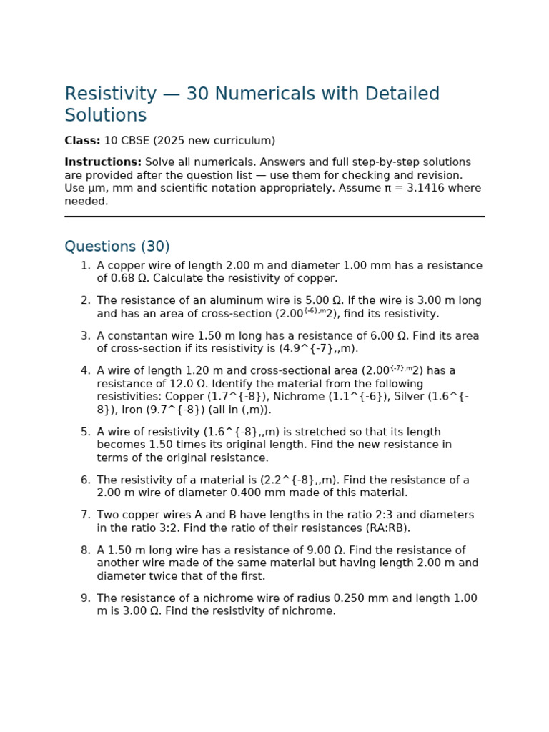 30 Resistivity Numericals for CBSE 10 | PDF | Wire | Incandescent Light ...