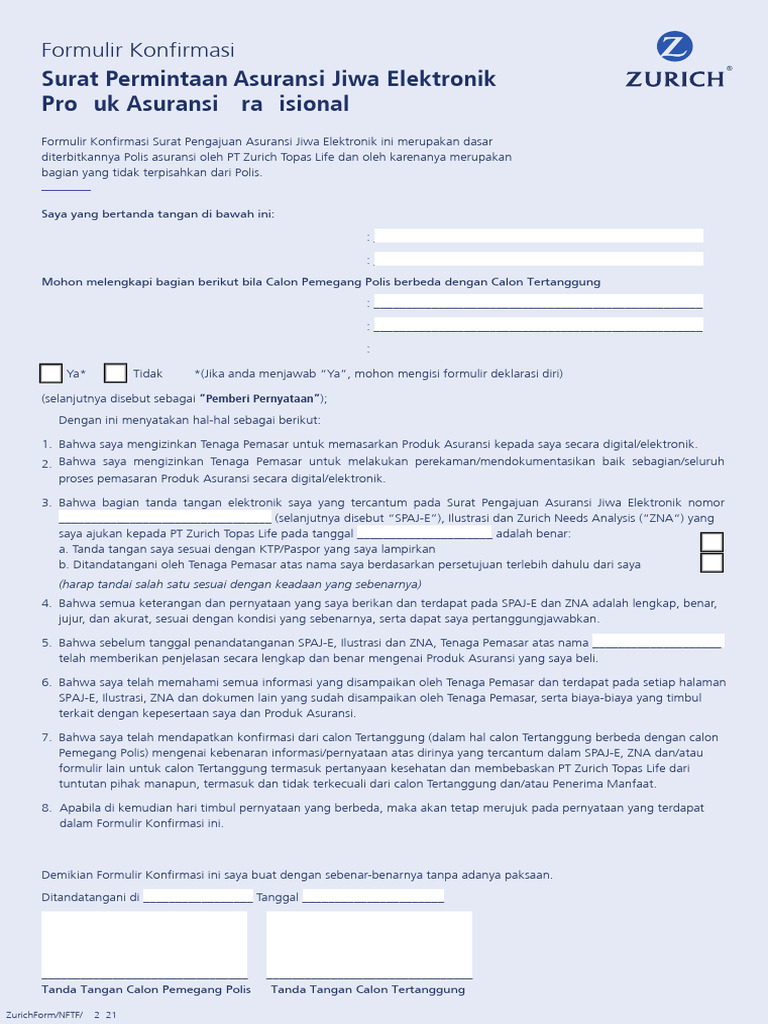 Formulir Konfirmasi Tanda Tangan Basah versi baru - ZurichFormNFTF092021 | PDF