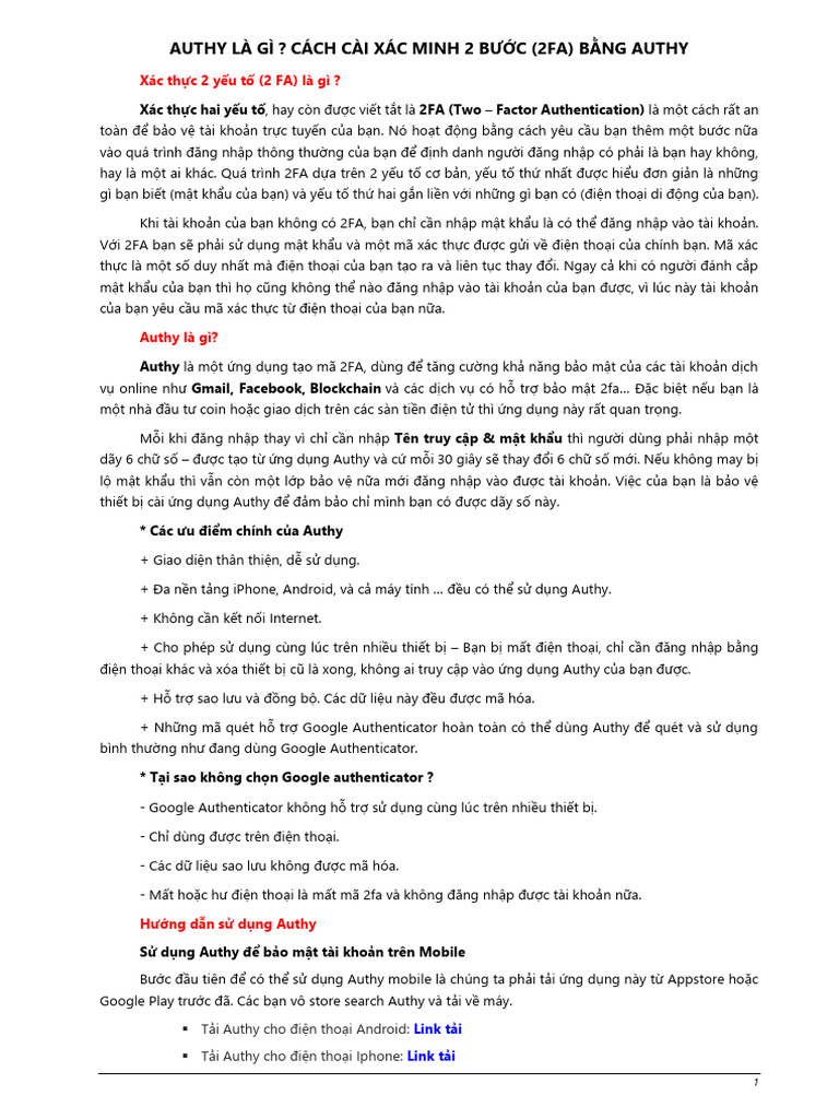 AUTHY Là Gì. Cách Cài Xác Minh (2FA) Bằng AUTHY | PDF
