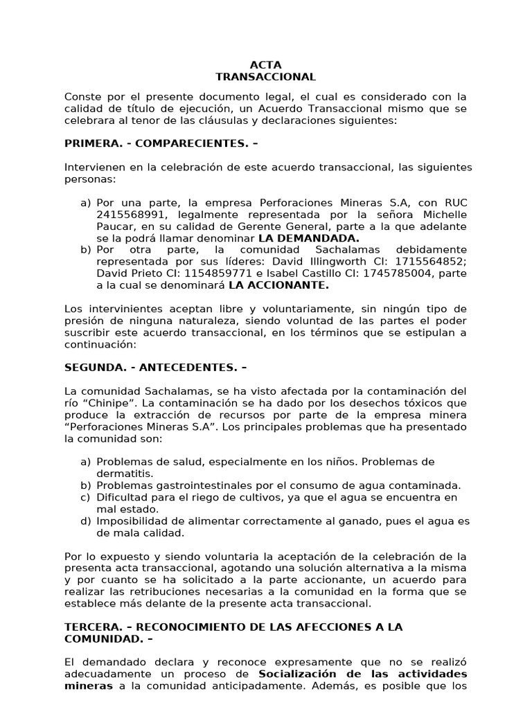 Acta Transaccional Caso Práctico-Firmado | PDF | Minería | Salario mínimo
