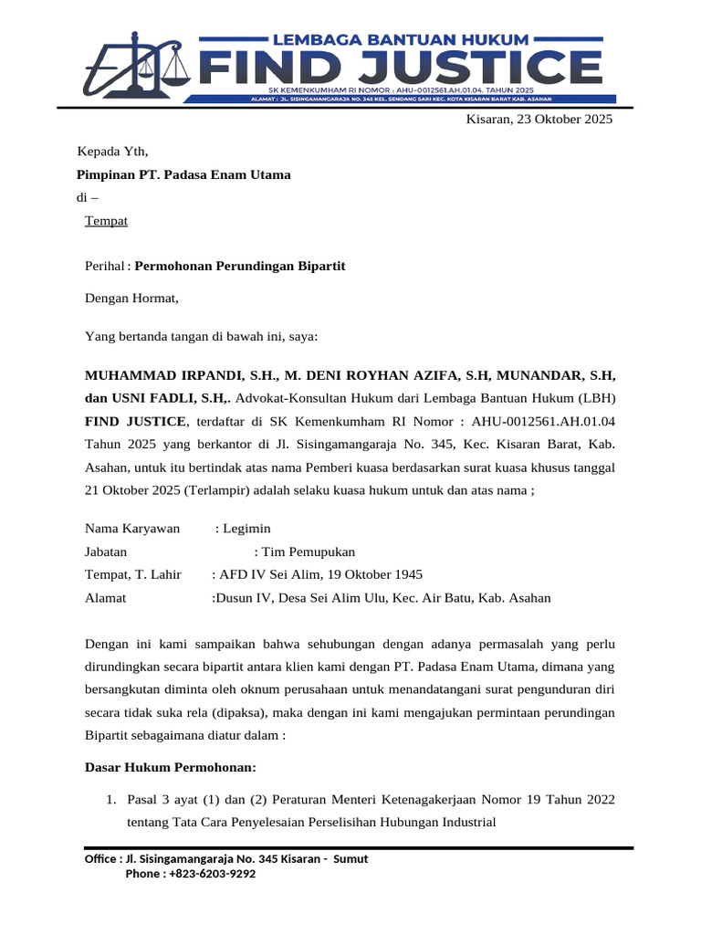 Permohonan Perundingan Bipartit Karyawan | PDF