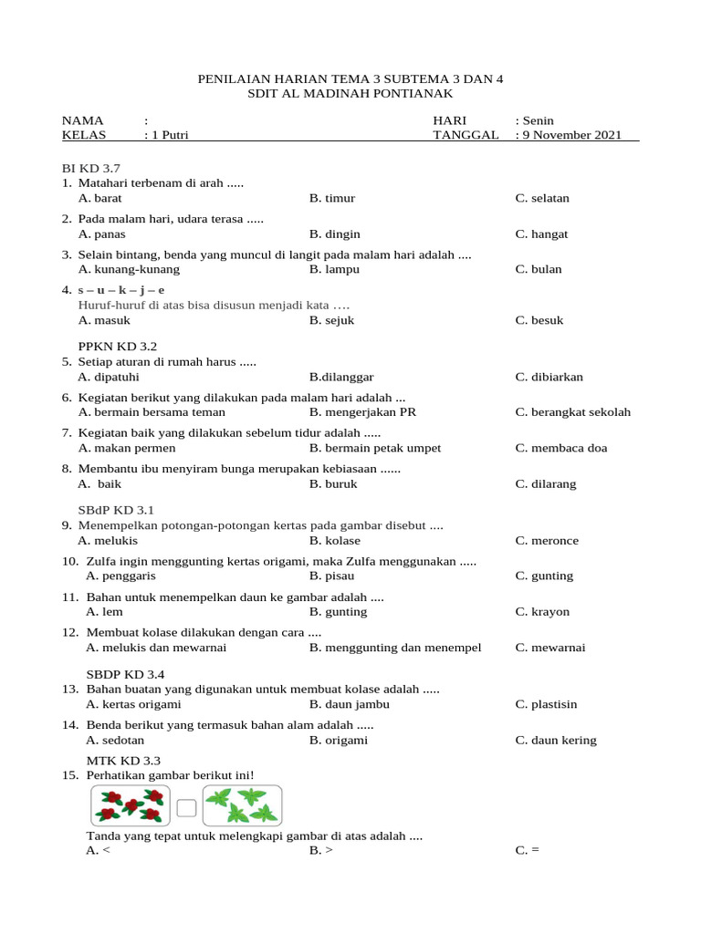 Penilaian Harian Tema 3 Subtema 3 Dan 4 | PDF