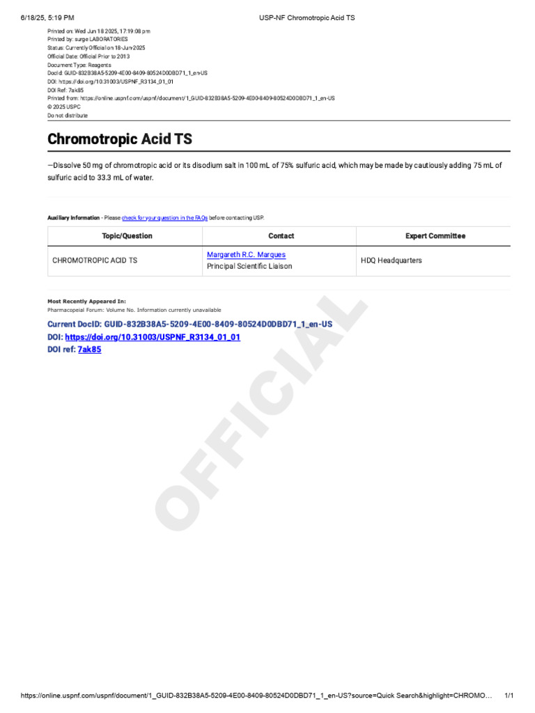 Chromotropic Acid TS Preparation Guide | PDF