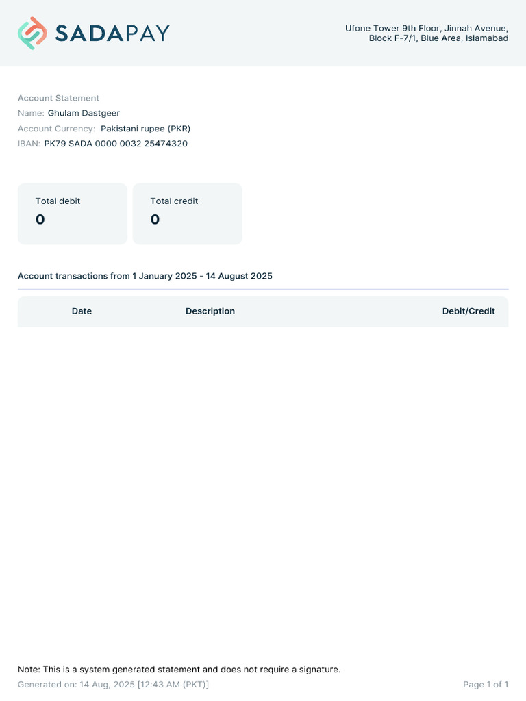Sadapay Account Statement 01-01-2025 14-08-2025 | PDF