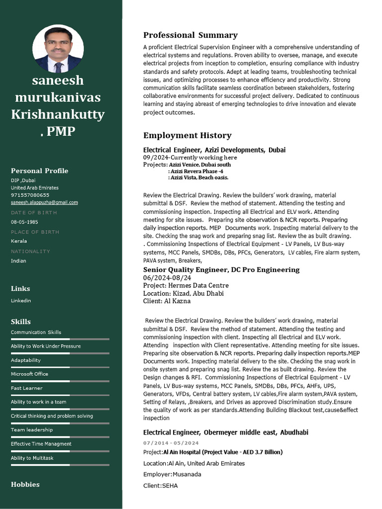 Electrical Supervision Engineer Profile | PDF | United Arab Emirates