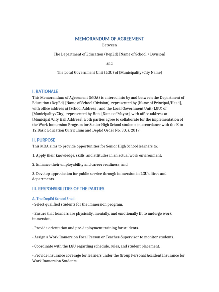 MOA Work Immersion DepEd LGU | PDF
