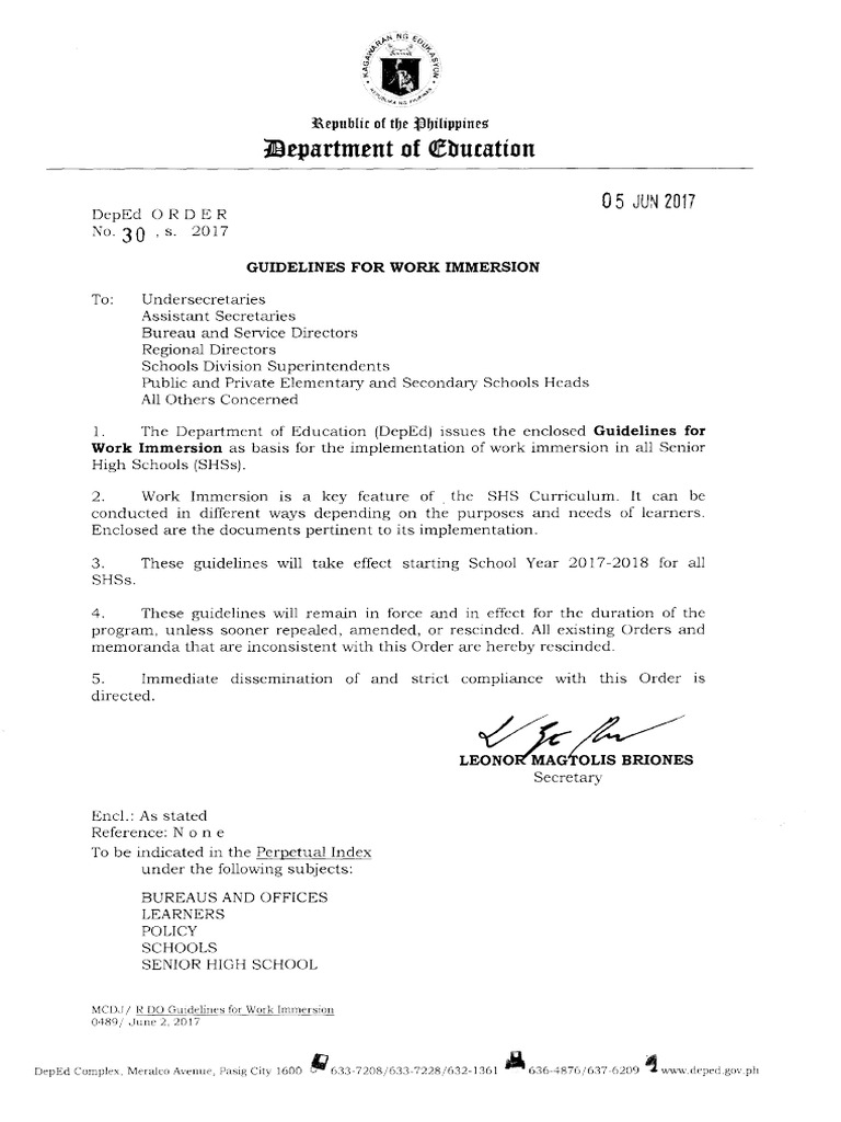 DO - s2017 - 030 Shs Work Immersion Guidelin | PDF