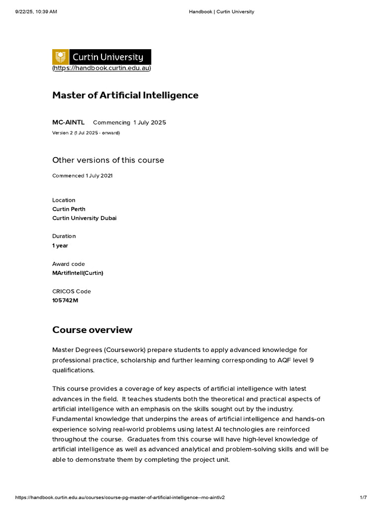 Master of Artificial Intelligence Overview | PDF | Artificial ...