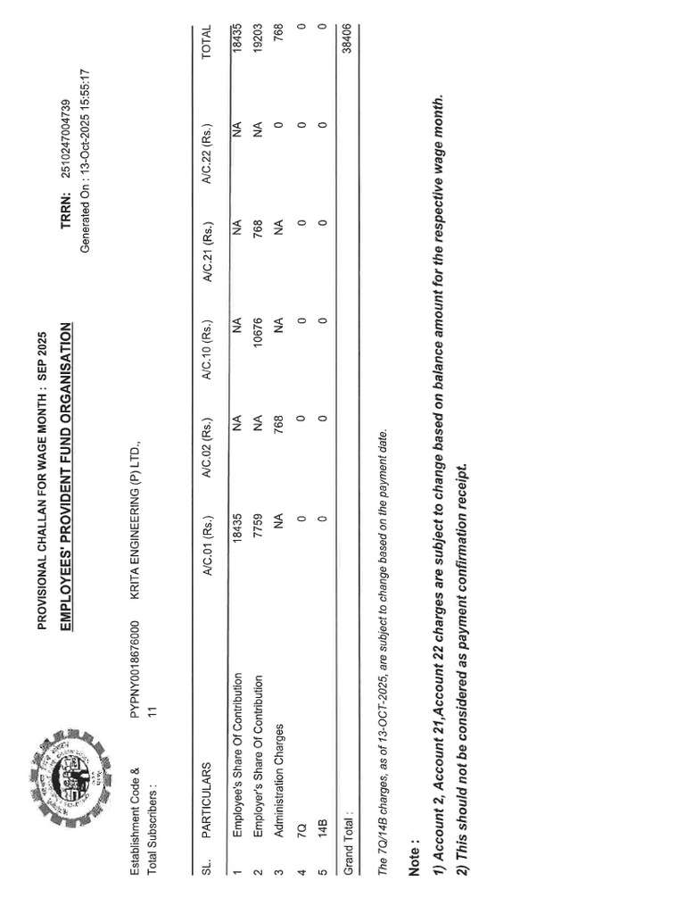 Krita EPF Payment Challan - Sep-25 | PDF