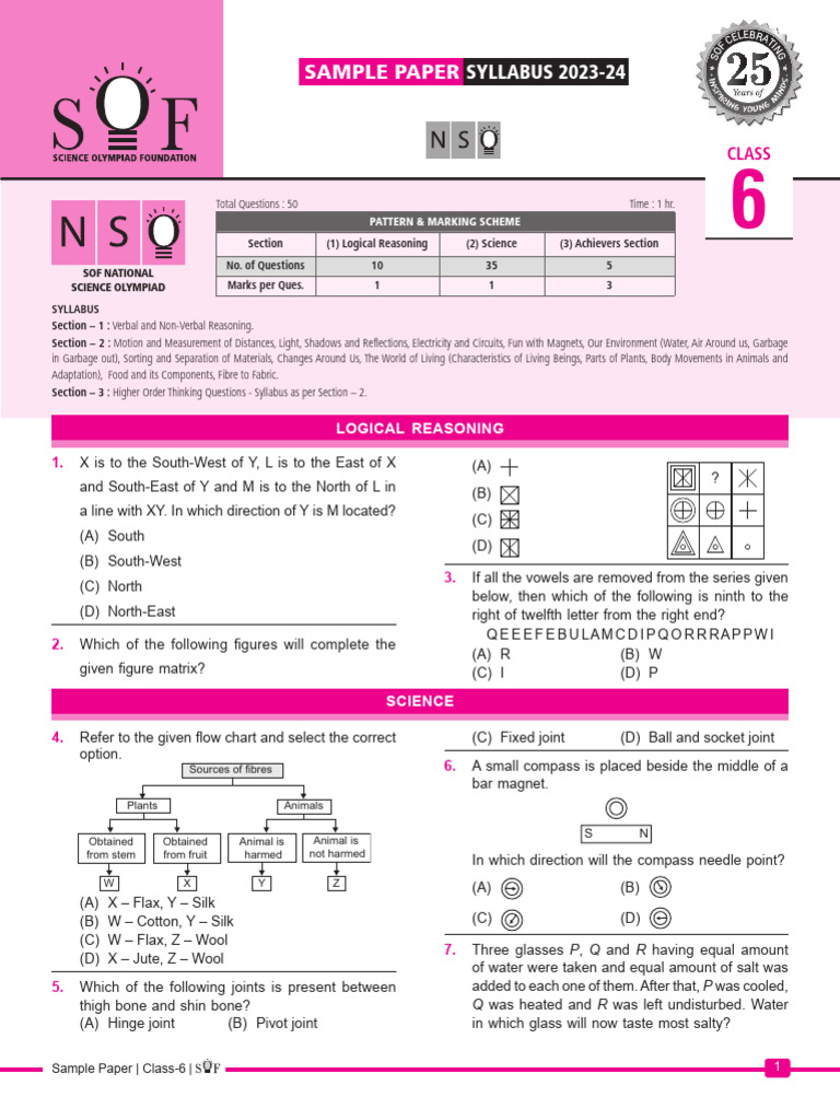 Class 6 NSO Sample Paper 2023-24 | PDF | Water | Compass